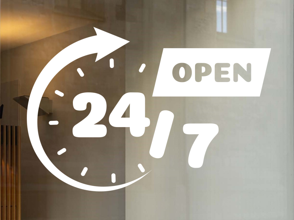 24/7 Open Vinyl Business Sign - Glass Door, Window - Clock Style