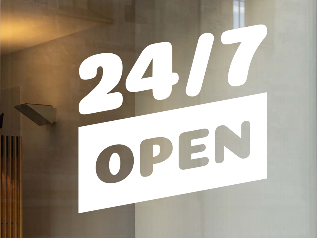 24 7 Open Vinyl Business Sign - Glass Door, Window - Italic Style